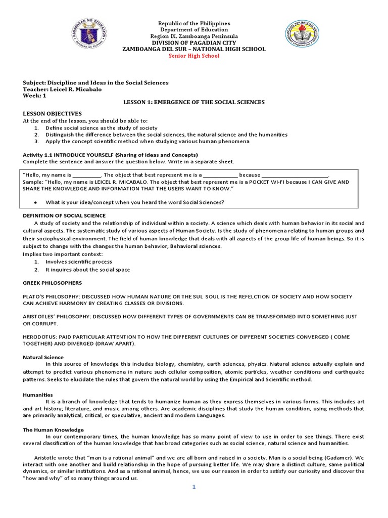 DISS Activity Sheet Final | PDF | Social Science | Natural Sciences