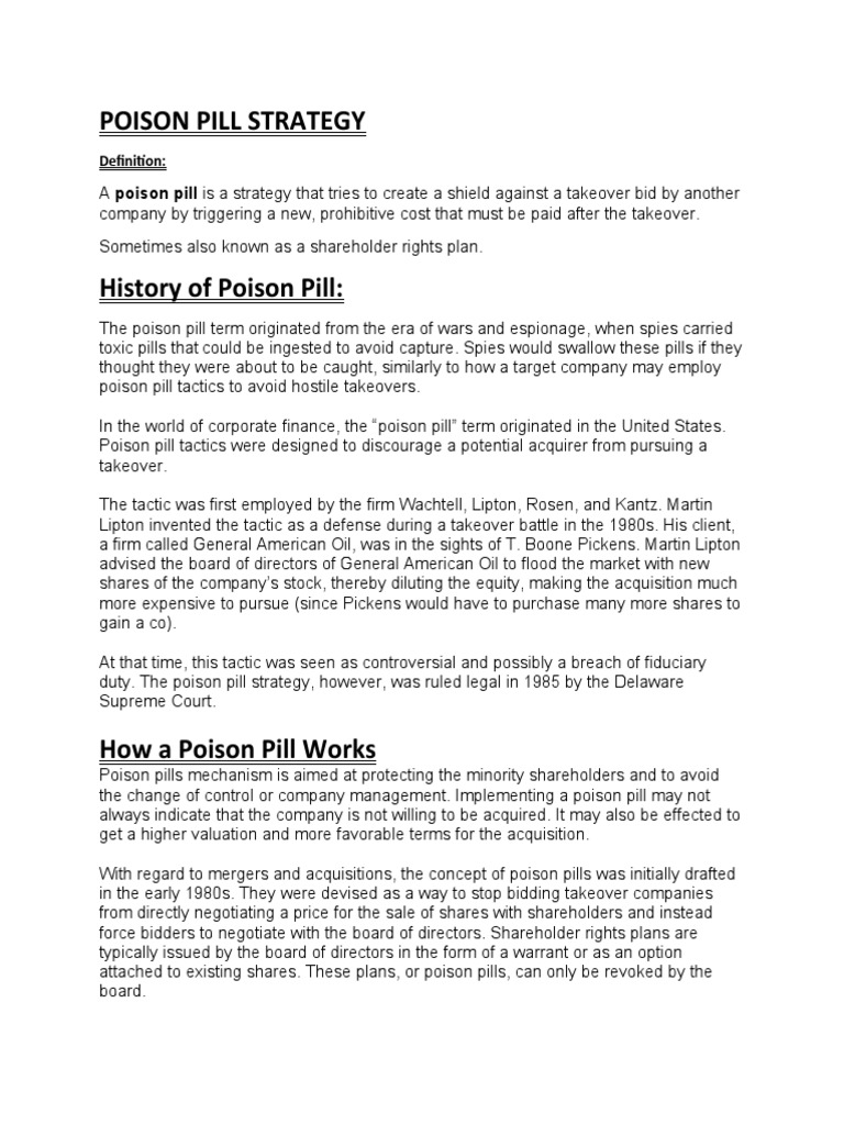 Poison Pill Strategy | PDF | Takeover | Corporate Law