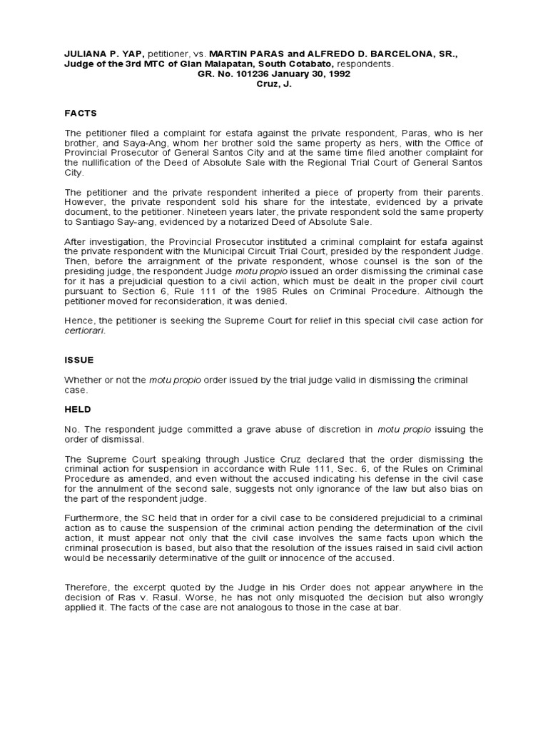 YAP V PARAS Case Digest PFR 2nd Set | PDF | Lawsuit | Complaint