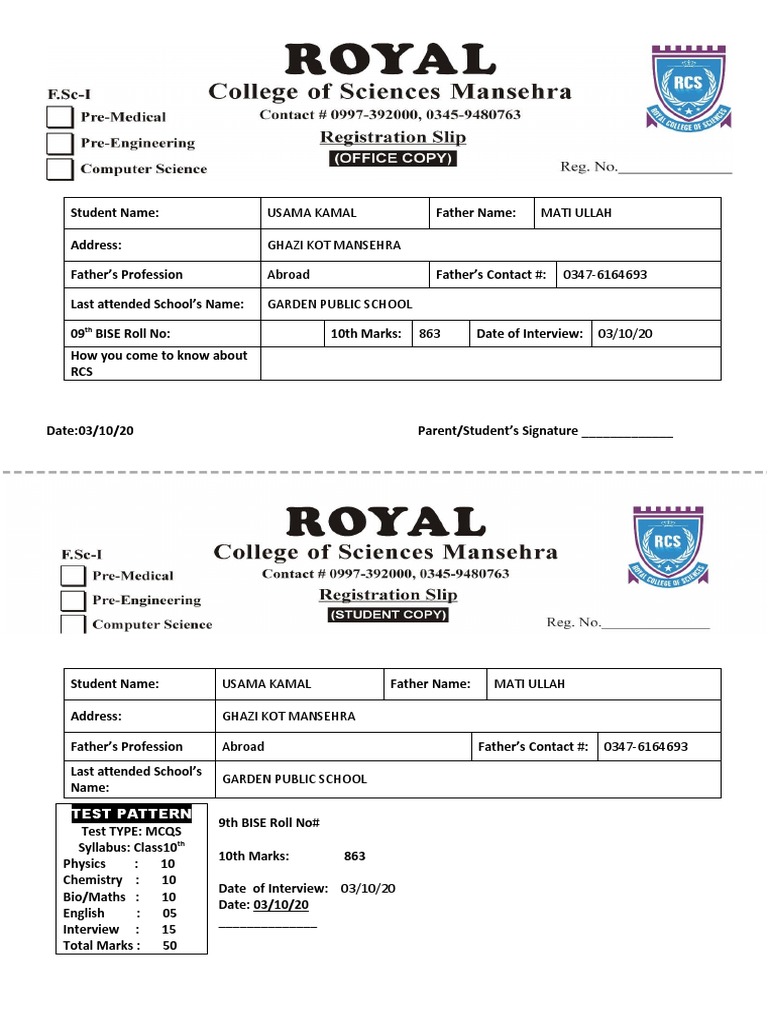 Registration Slip 2020 | PDF
