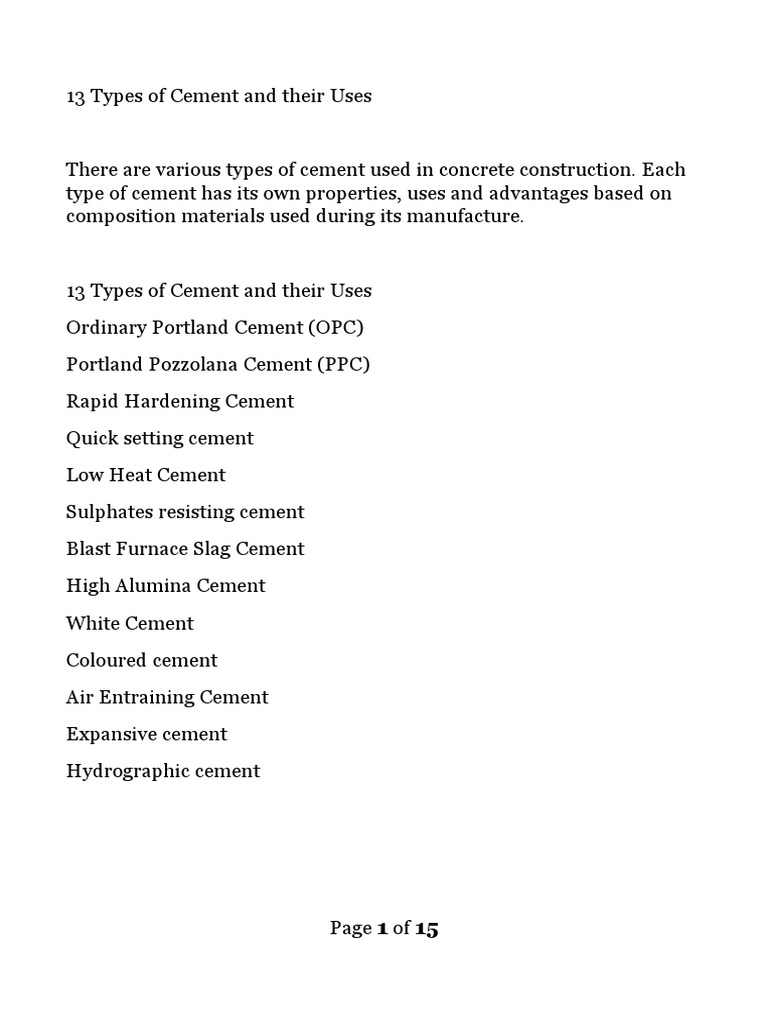 13 Types of Cement and Their Uses | PDF | Cement | Concrete