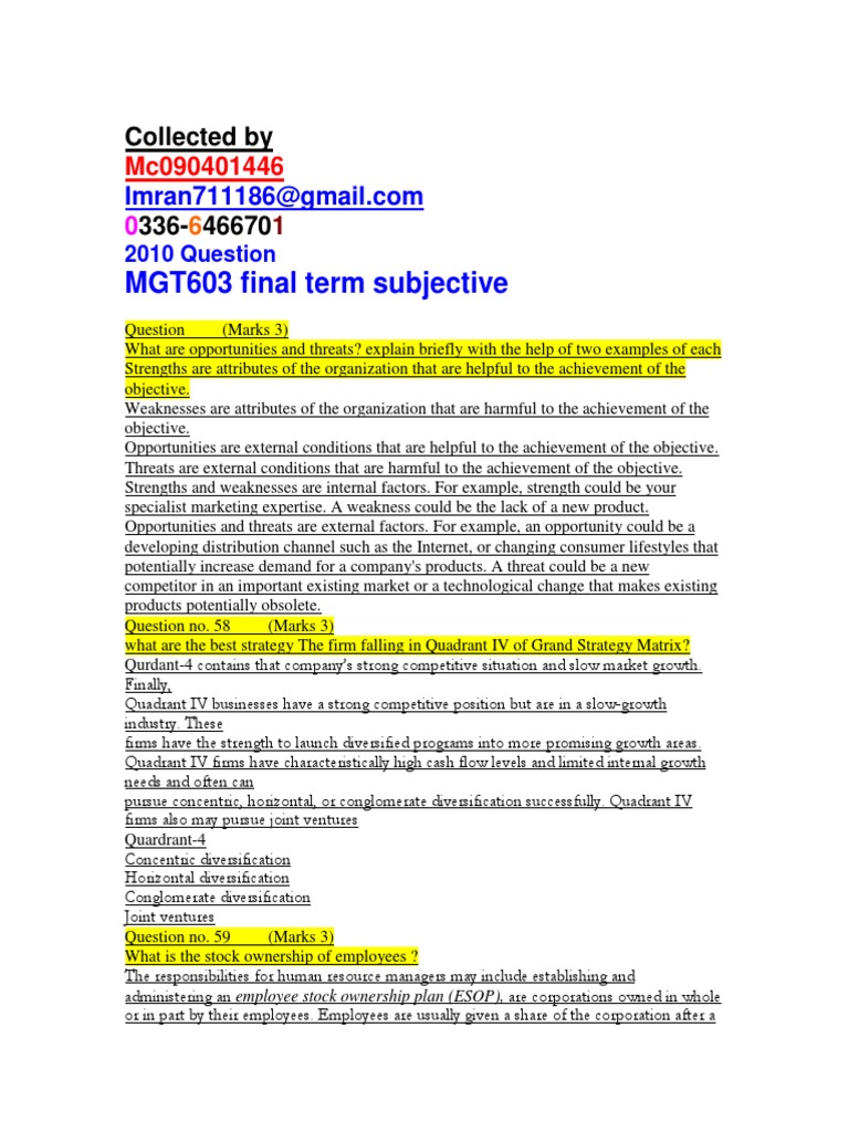 MGT603 SOLVED Finalterm Subjective | PDF | Diversity (Business) | Competition