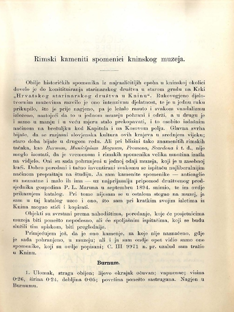 Carl Patsch - Rimski Kameniti Spomenici Kninskog Muzeja | PDF