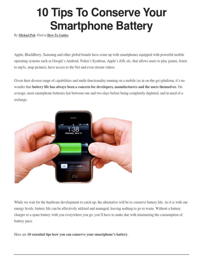 10 Tips To Conserve Your Smartphone Battery PDF | PDF | Rechargeable ...