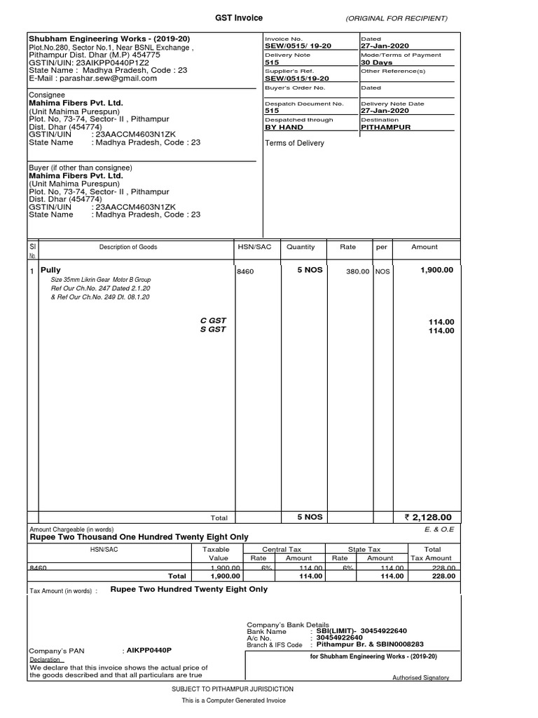GST Invoice: Shubham Engineering Works - (2019-20) | PDF | Invoice | Taxes