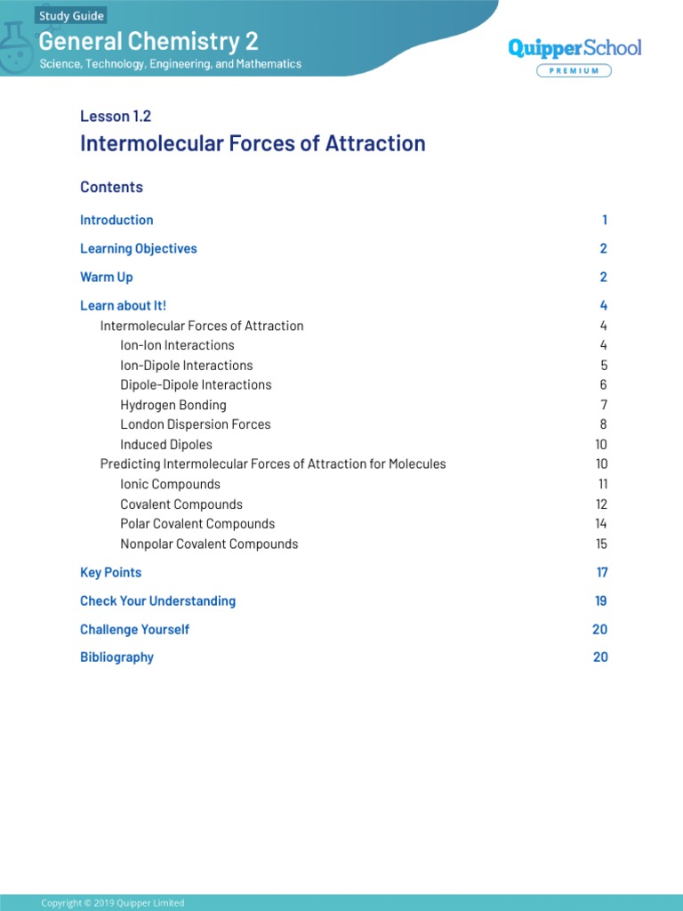 Lesson 1.2 Intermolecular Forces of Attraction (Study Guide) | PDF ...