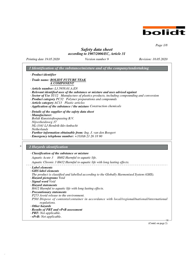 Safety Data Sheet for Bolidt Future Teak A Component | PDF | Chemistry ...
