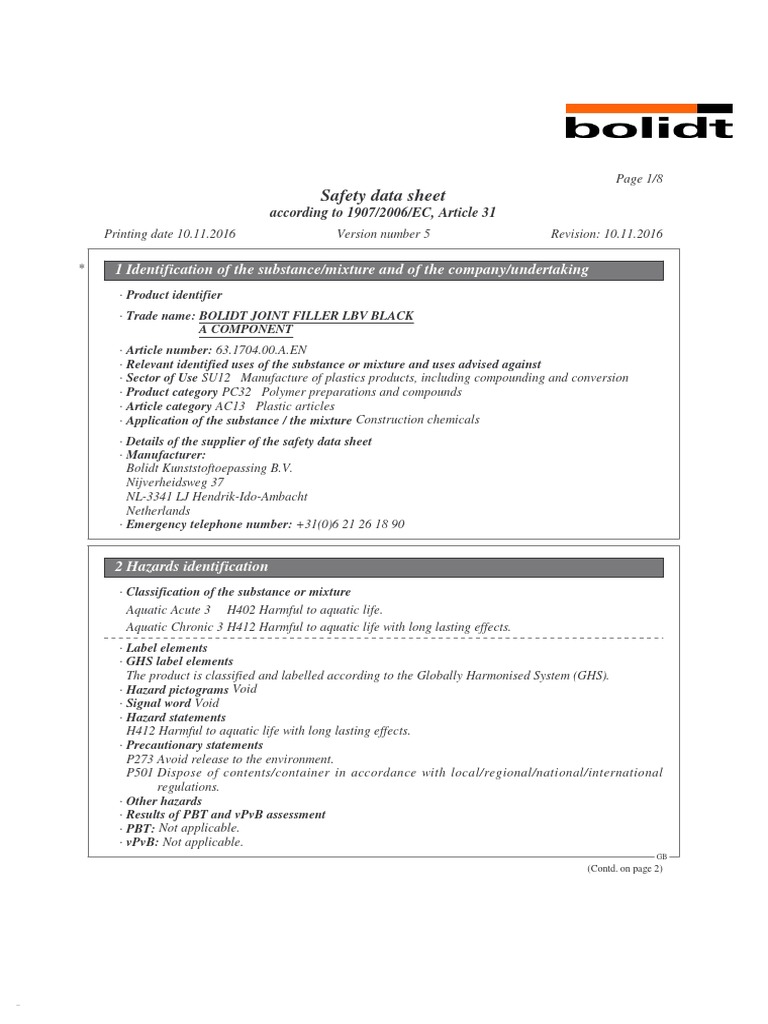 MSDS Bolidt Jointfiller LBV Black (00 A en GHS) | PDF | Occupational ...