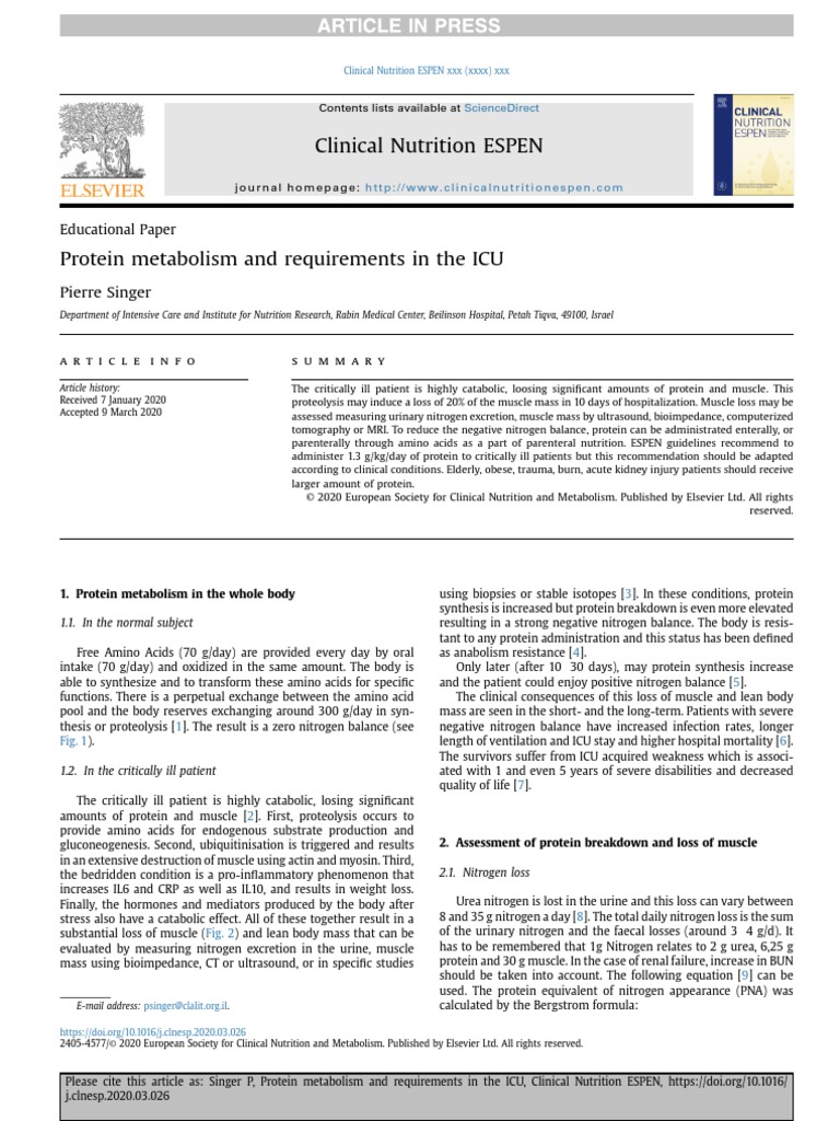 Protein Metabolism and Requirements in The ICU | PDF | Intensive Care ...