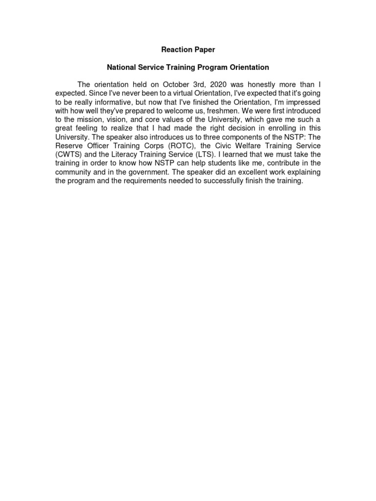 NSTP Orientation Reaction Paper PDF | PDF