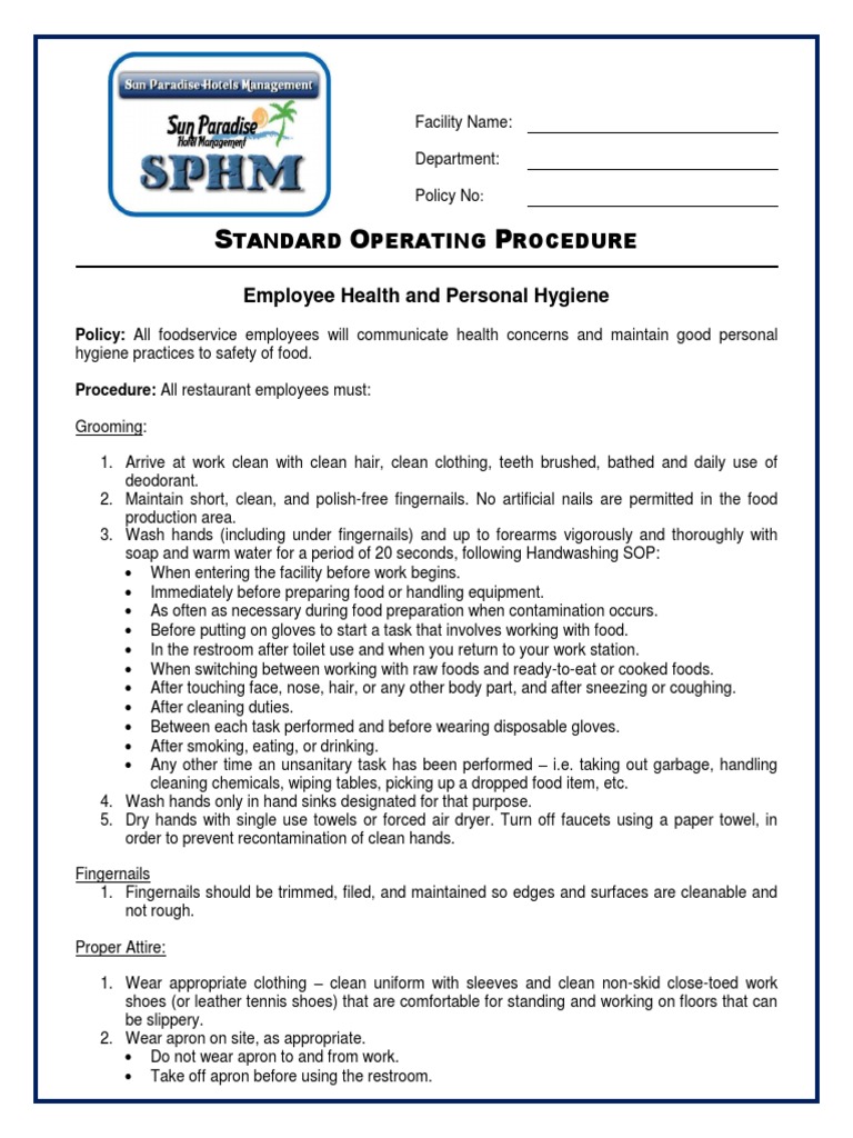 Employee Health & Hygiene SOP | PDF | Hygiene | Hand Washing