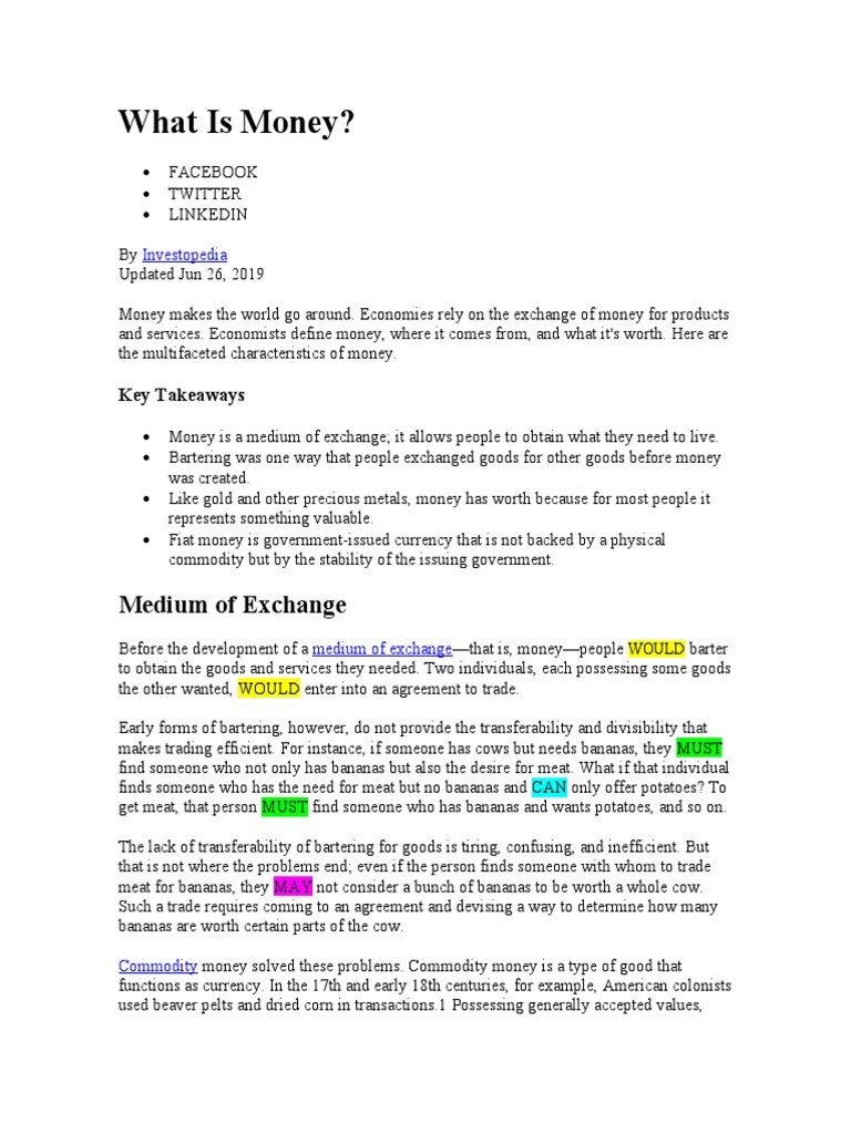 What Is Money?: Medium of Exchange | PDF | Medium Of Exchange | Money