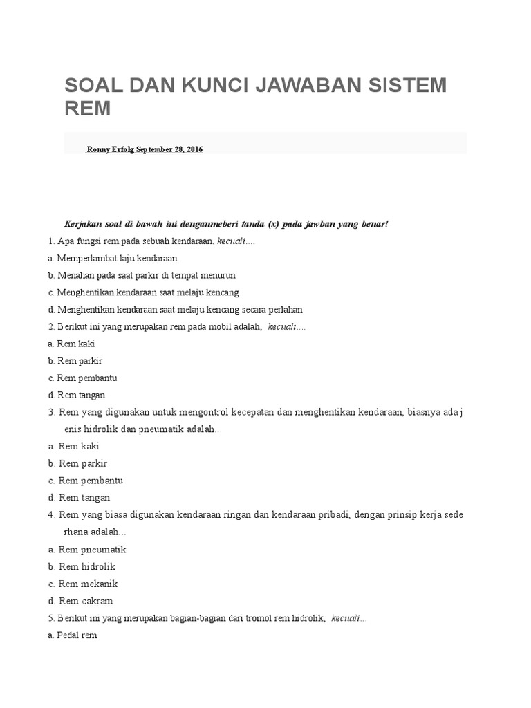 Soal Dan Kunci Jawaban Sistem Rem | PDF