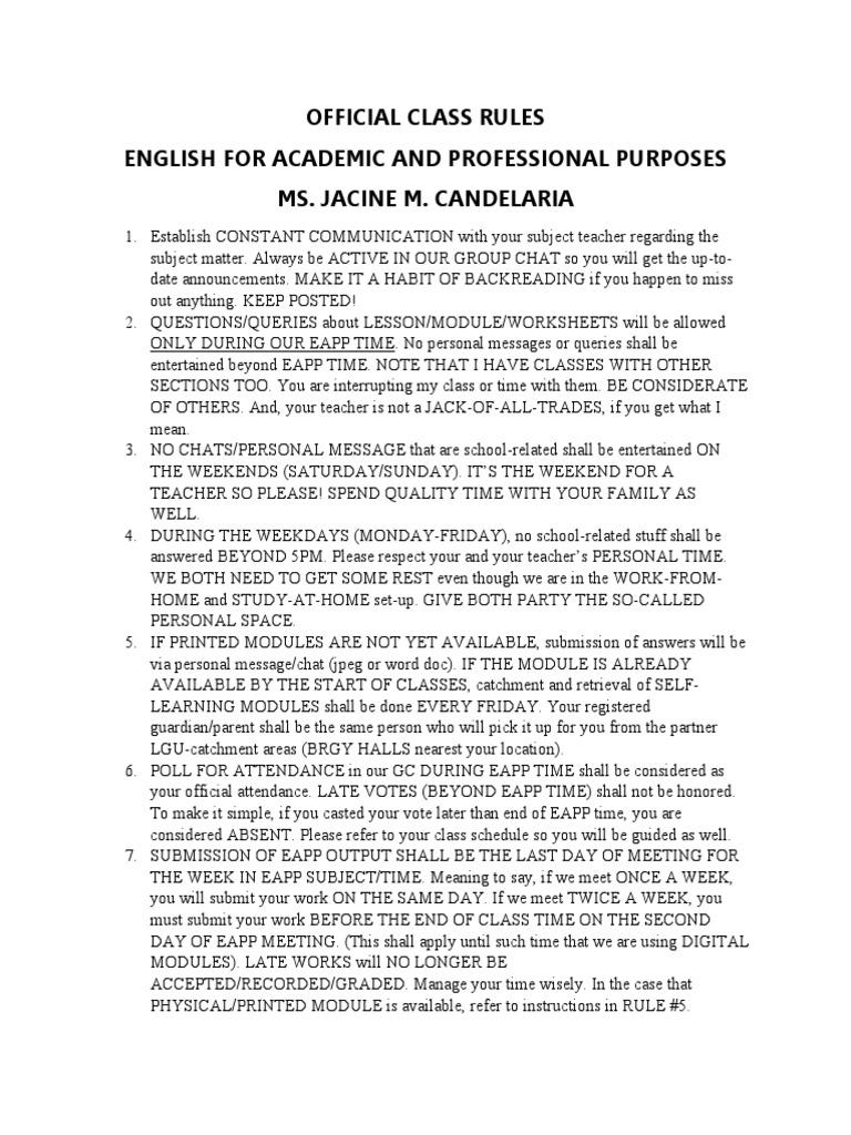 Official Class Rules English For Academic and Professional Purposes Ms ...