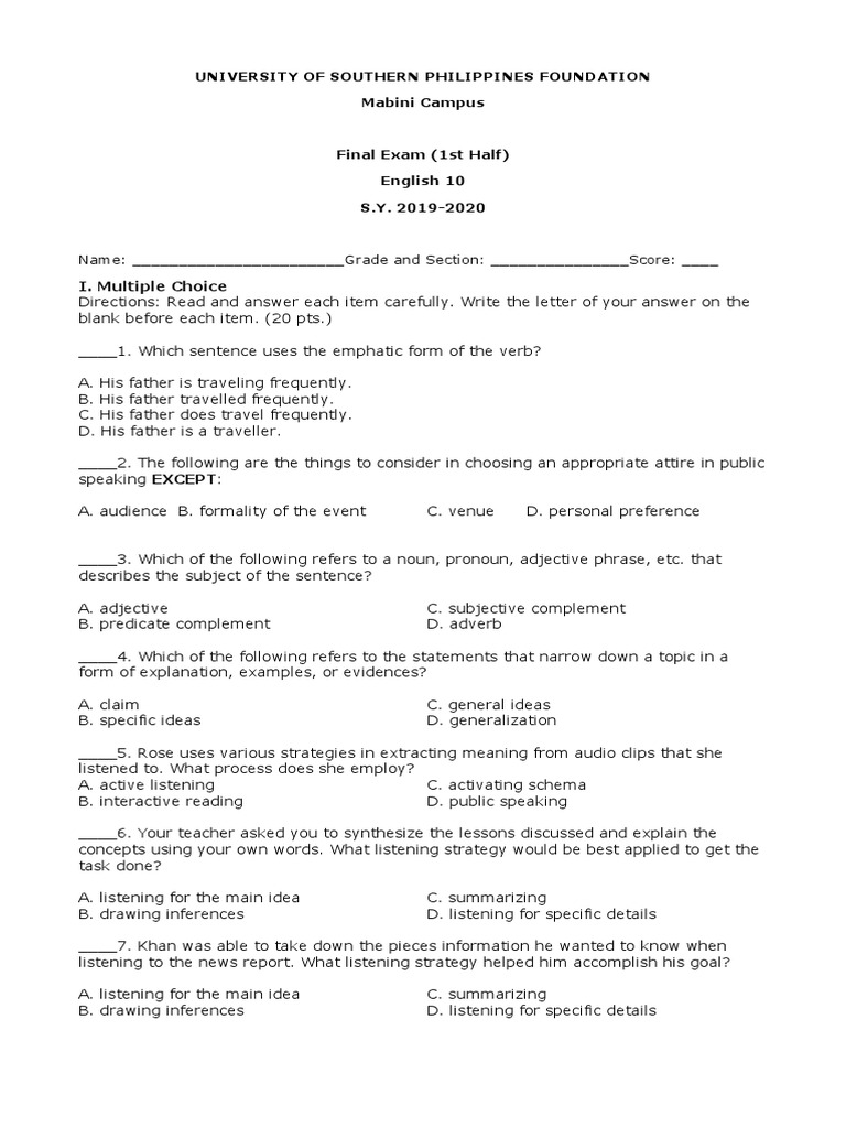 English 10 Final Exam | PDF | Essays | Adjective