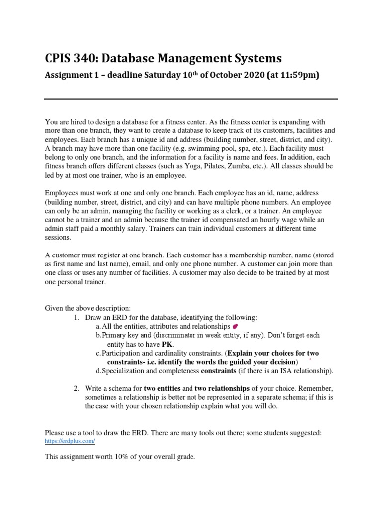 CPIS 340: Database Management Systems: Assignment 1 - Deadline Saturday 10 of October 2020 (At ...
