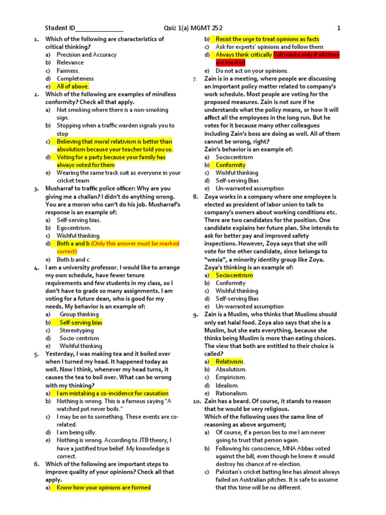 Student ID - Quiz 1 (A) MGMT 252 1: (Only This Answer Must Be Marked ...