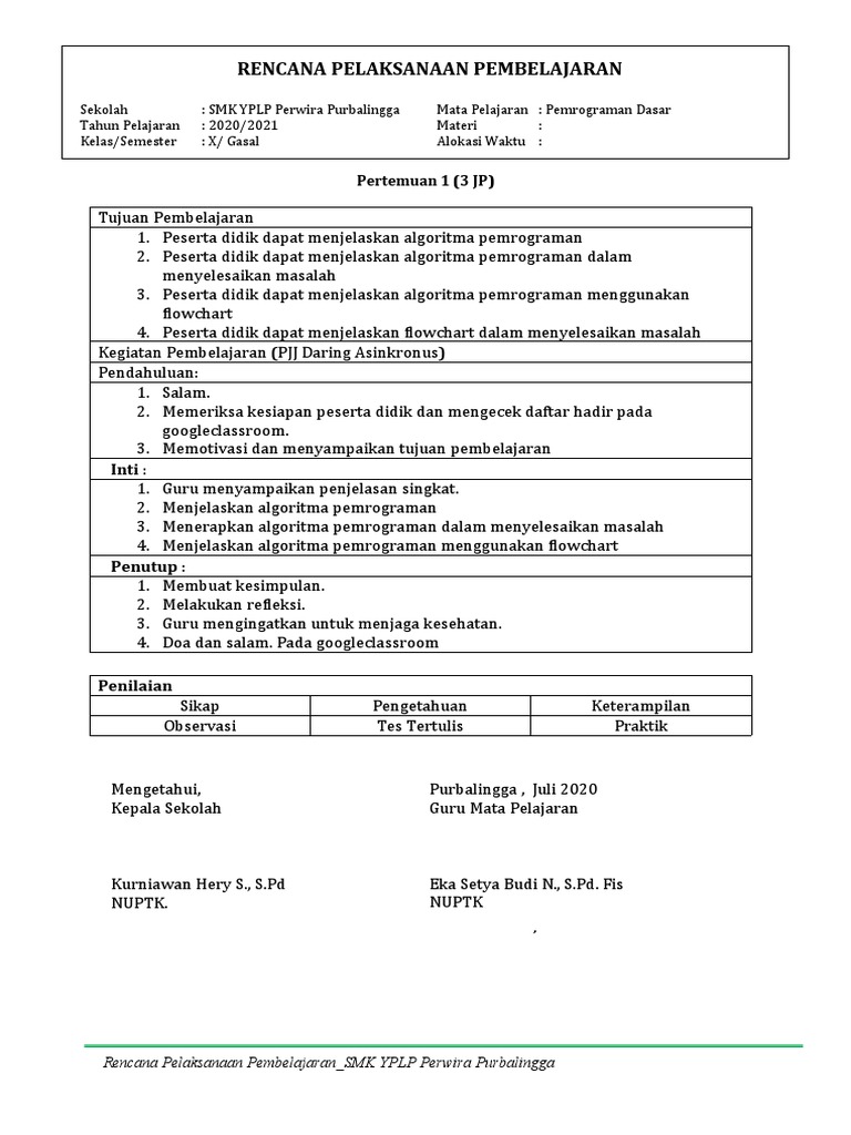 RPP Pemrograman Dasar X 2020-2021 | PDF