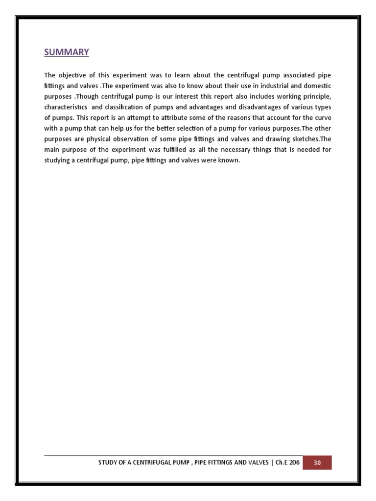 Study of A Centrifugal Pump, Pipe Fittings and Valves - Ch.E 206 | PDF ...