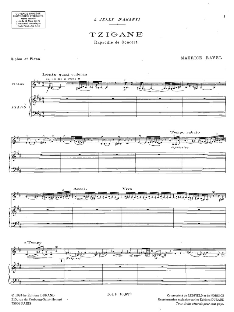 Maurice Ravel - Tzigane (Piano & Violon) | PDF