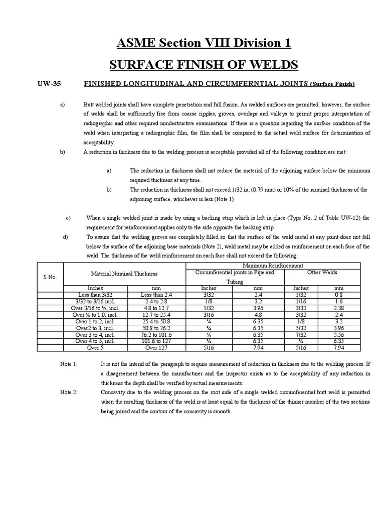 ASME Section VIII Division 1 Surface Finish of Welds: UW-35 Finished ...