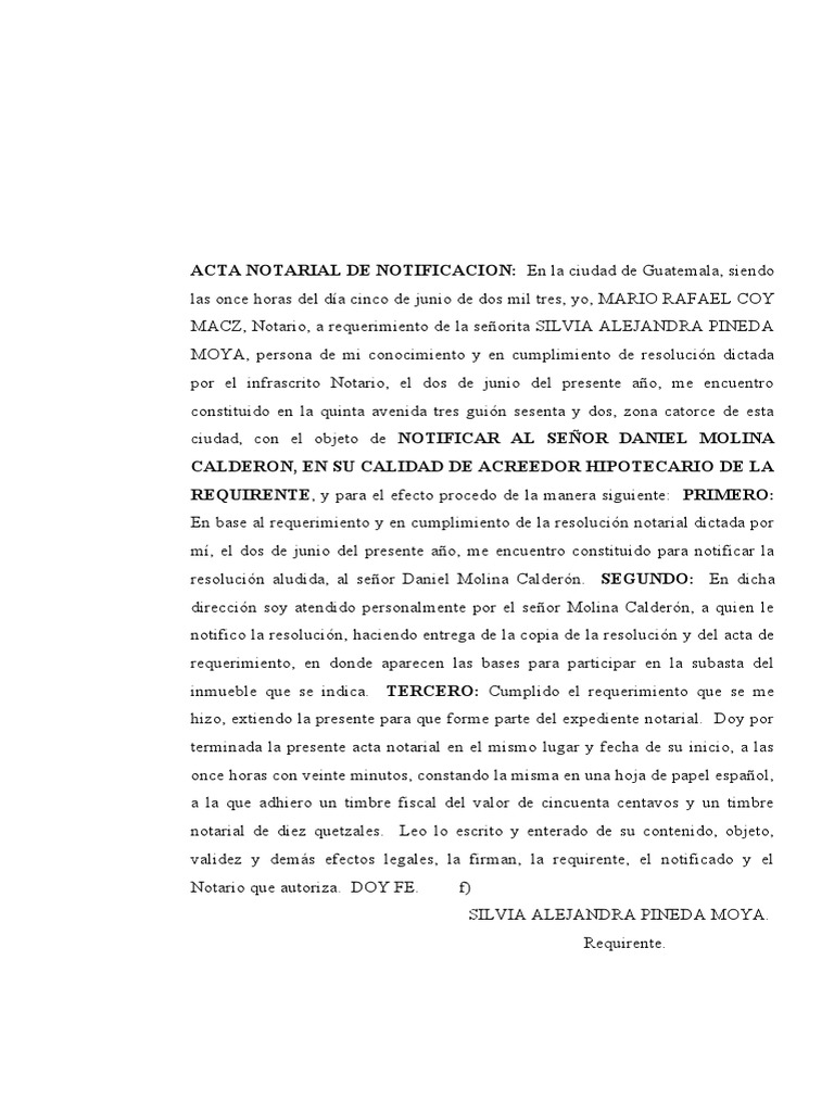 D. ACTA NOTARIAL DE NOTIFICACION (Subasta Voluntaria) | PDF