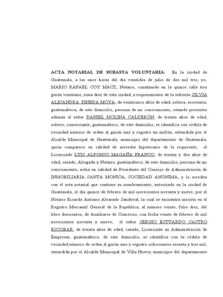 E. Acta Notarial de Subasta Voluntaria. | PDF | Hipoteca Comercial ...
