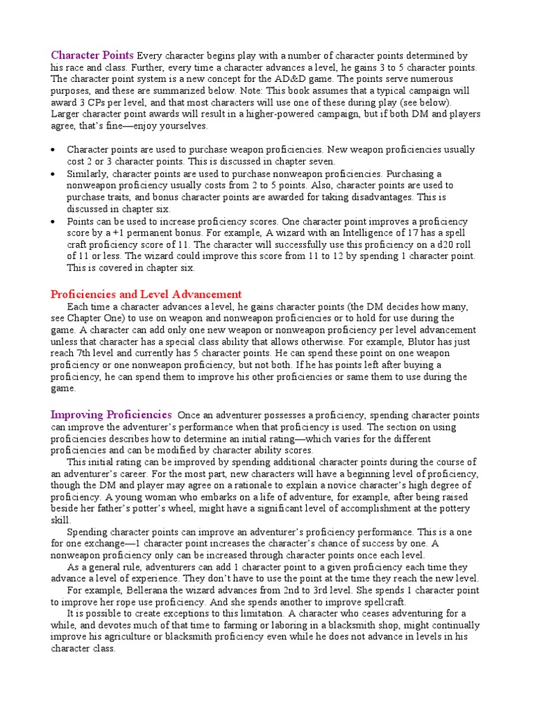Character Points: Proficiencies and Level Advancement | PDF | Role ...