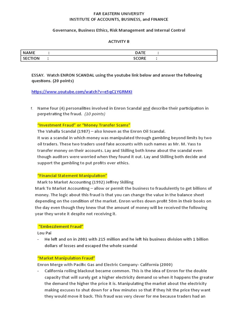 Activity B | PDF | Enron | Mark To Market Accounting