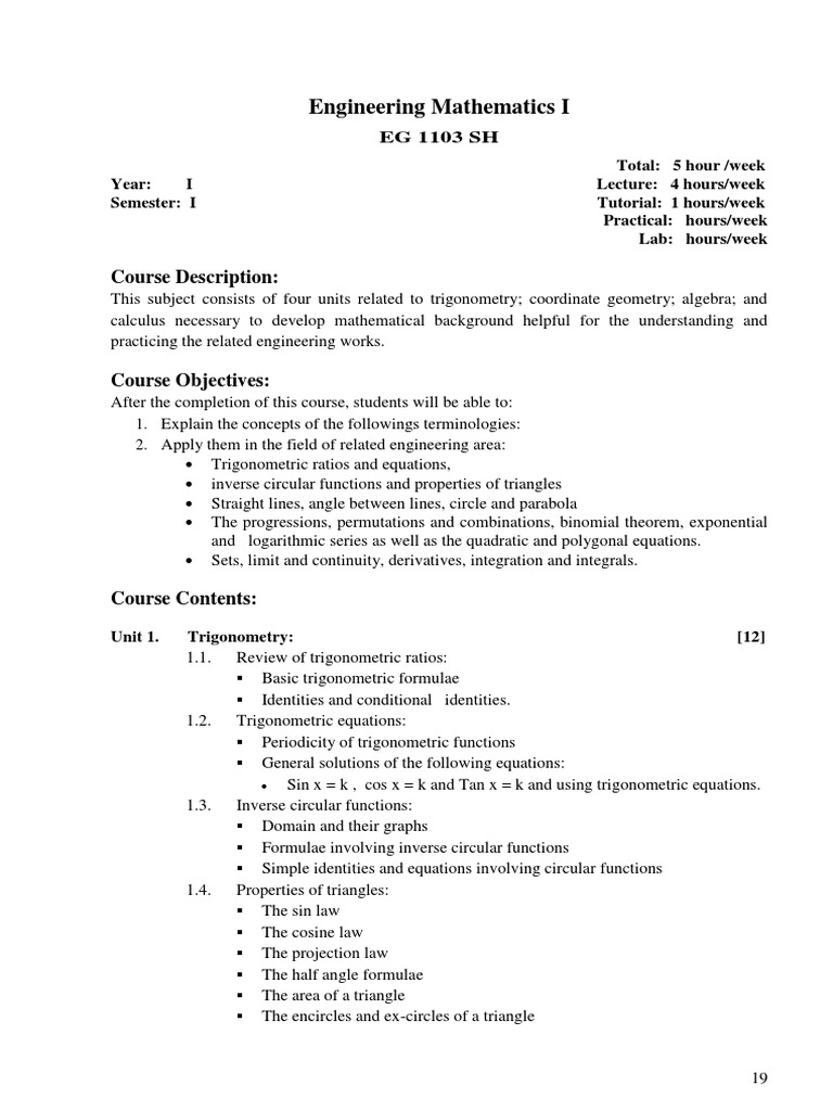 Engineering Mathematics I: Course Description | PDF | Trigonometric Functions | Function ...