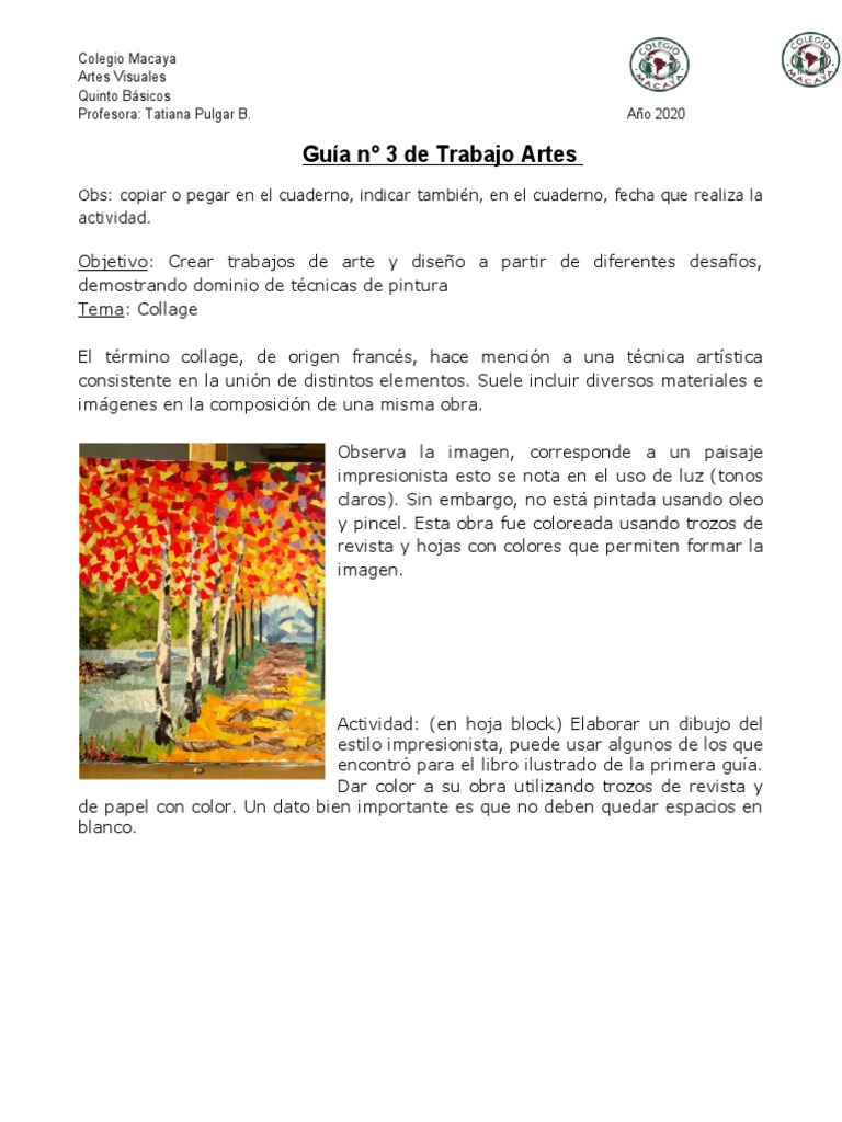 Unidad 1 Guia N° 3 5° Básico Artes | PDF