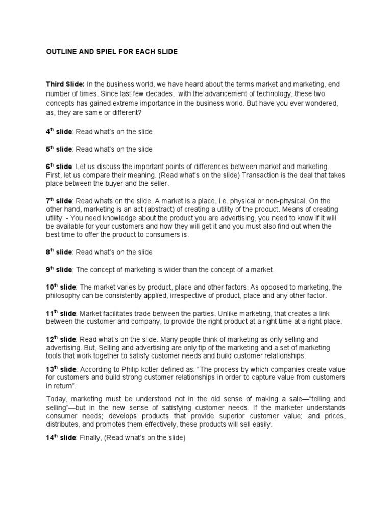Outline and Spiel For Each Slide | PDF | Sales | Marketing