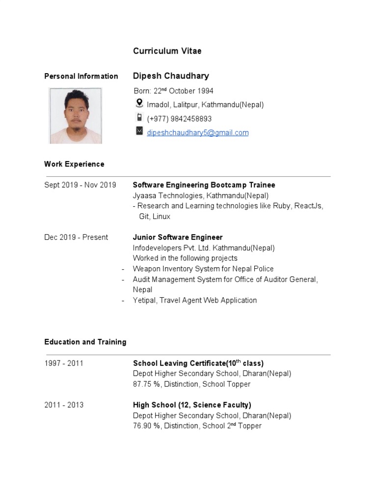 A Promising Career: Curriculum Vitae of Dipesh Chaudhary | PDF | Nepal | Learning
