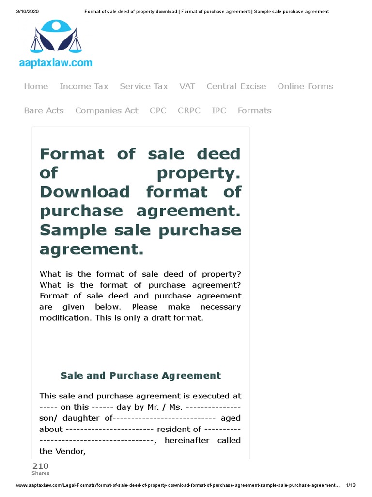 Format of Sale Deed of Property Download - Format of Purchase Agreement ...