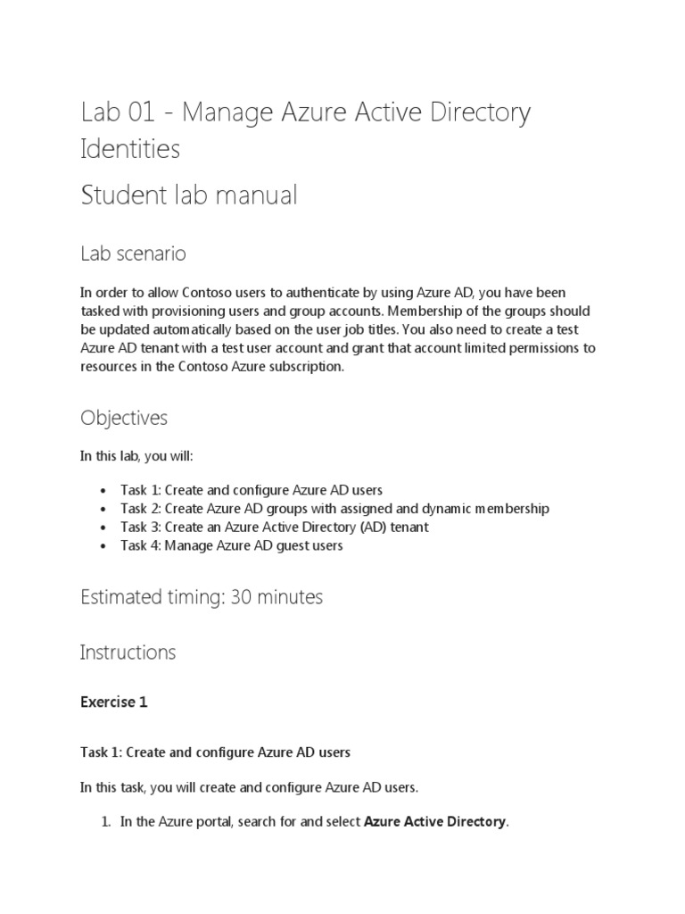 Lab 01 - Manage Azure Active Directory Identities | PDF | Active Directory | Microsoft Azure