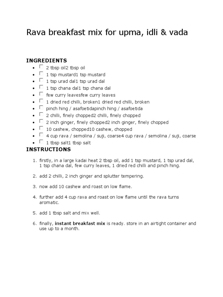 Rava Breakfast Mix For Upma | PDF