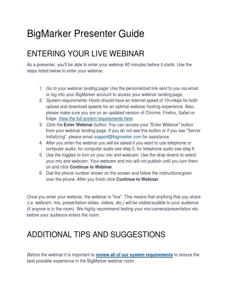 Bigmarker Presenter Guide: Entering Your Live Webinar | PDF | Web Conferencing | Web Software
