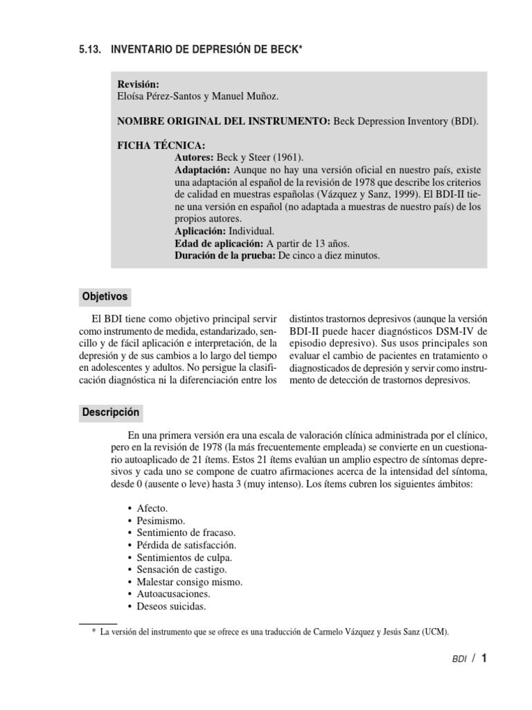 BDI - Interpretación y Test | PDF