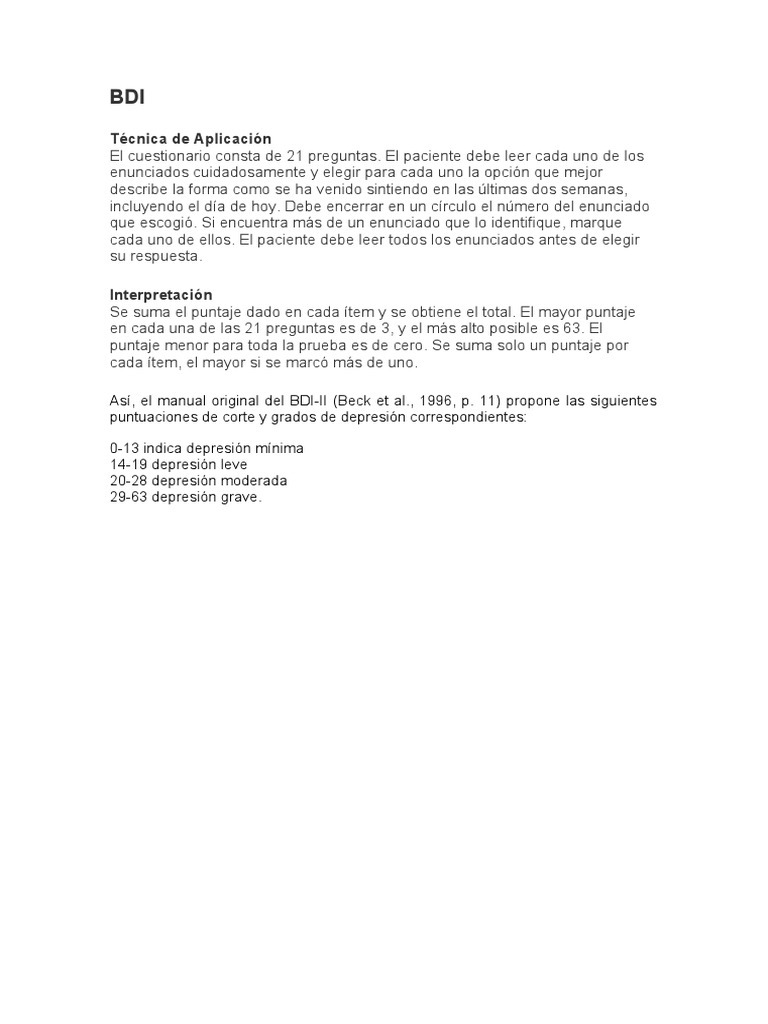 Puntuación del BDI y niveles de depresión | PDF