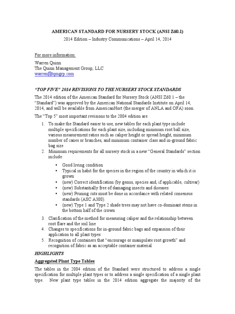 2014 ANSI Z60.1 Revision Highlights | PDF | Plant Nursery | Trees