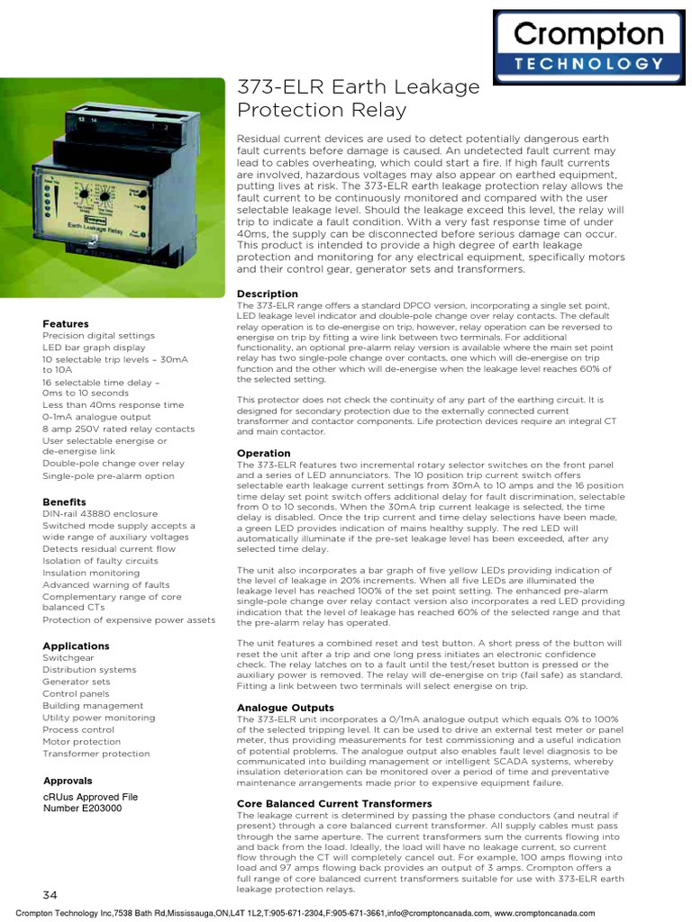 373-ELR Earth Leakage Protection Relay: Description | PDF | Relay ...