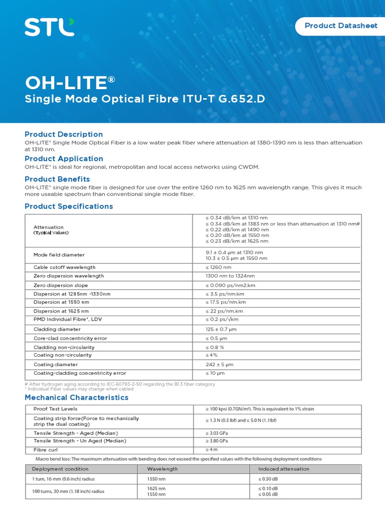 Oh-Lite®: Single Mode Optical Fibre ITU-T G.652.D | PDF | Optical Fiber ...