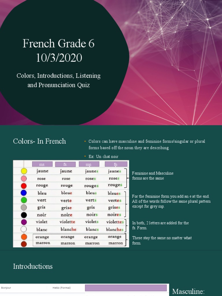 French Grade 6: Colors & Dates Quiz | PDF | Grammatical Gender | Plural