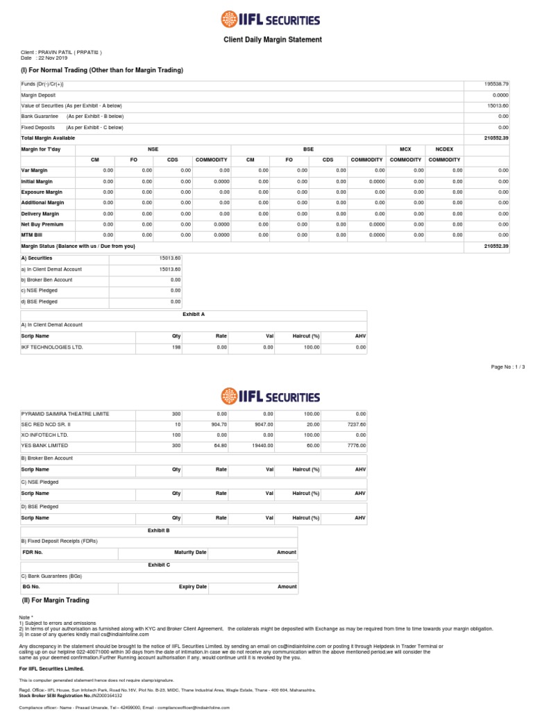 Client Daily Margin Statement: (I) For Normal Trading (Other Than For ...