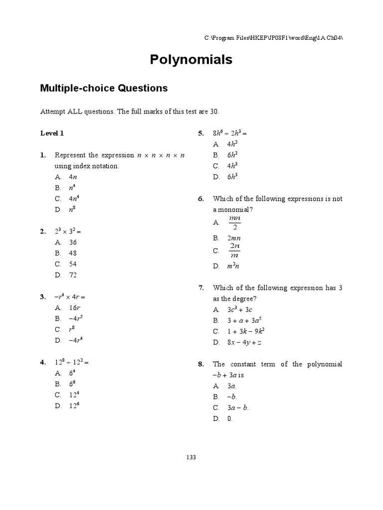 Polynomials: Multiple-Choice Questions | PDF | Numerical Analysis | Mathematical Concepts