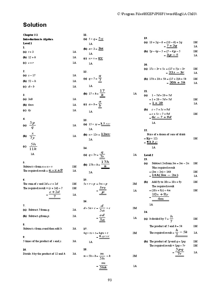 Solution: C:/Program Files/HKEP/JP08F1/word/Eng/1A Ch03 | PDF | Algebra ...