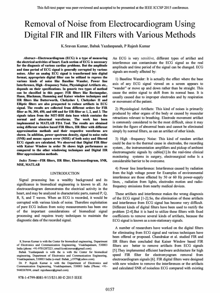 Removal of Noise From Electrocardiogram Using Digital FIR and IIR ...
