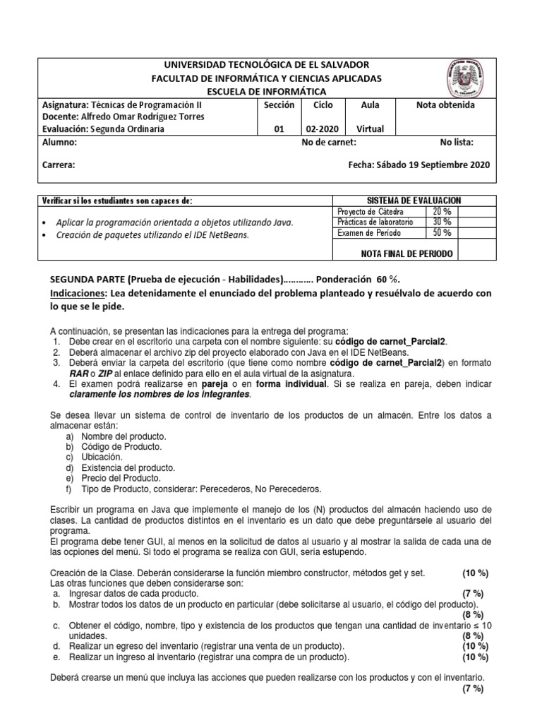 Examen Segundo Período Técnicas de Programación II Parte Práctica | PDF ...