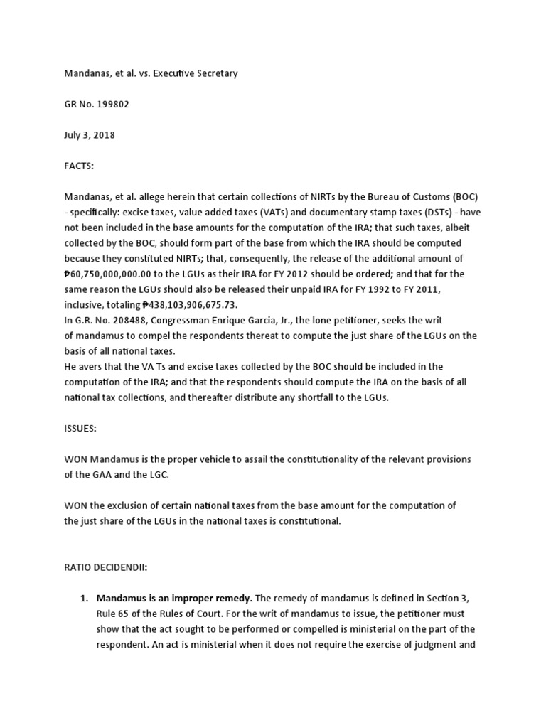 Mandanas Case: IRA Computation Ruling | PDF | Mandamus | Internal ...