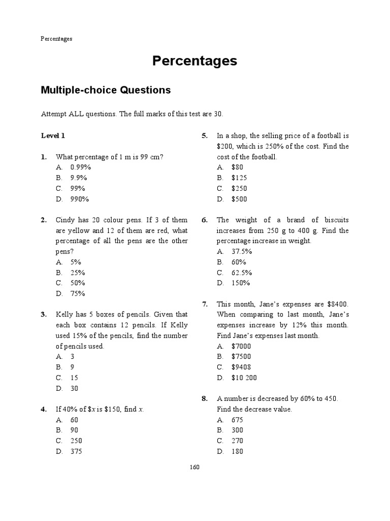 Percentages: Multiple-Choice Questions | PDF | Percentage | Prices